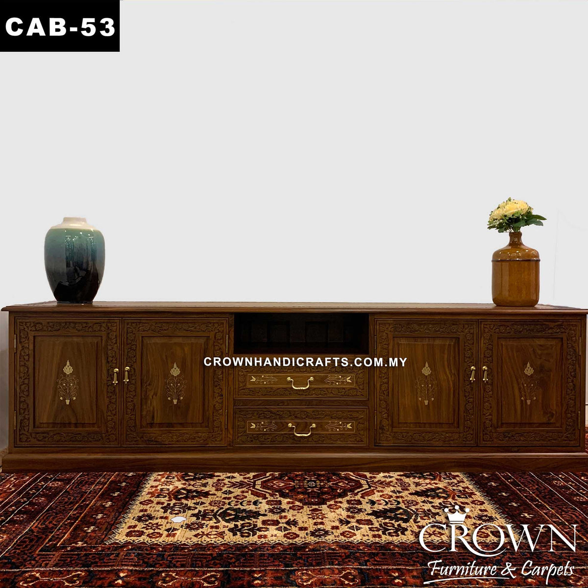 Long TV Cabinet Solid Wood Hand Carved and Brass in-laid Furniture Sho ...